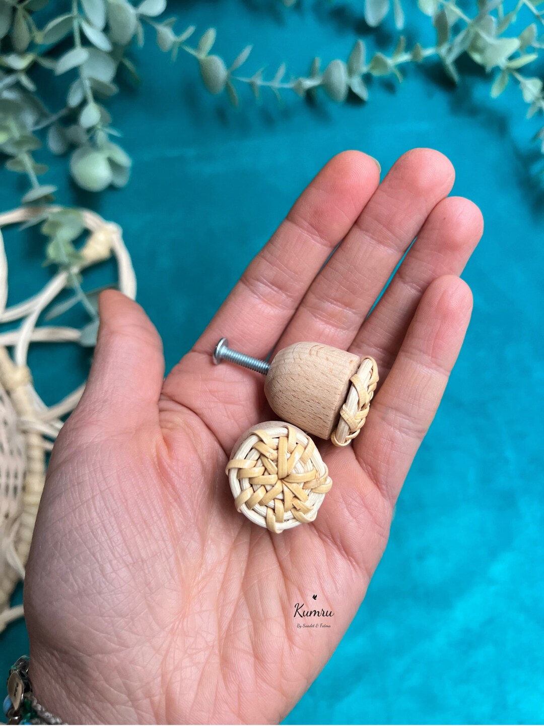 Mini 2.5cm Diameter Nursey Rattan Dresser Knobs Round Wooden Drawer Knobs Handmade Wicker Woven ...