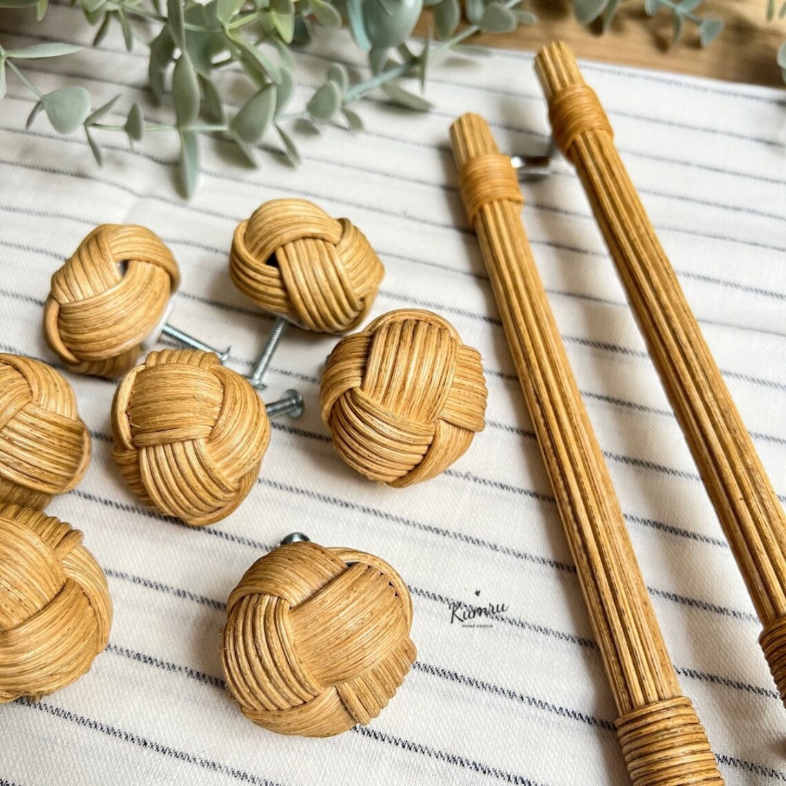 Wicker Light Oak Bamboo Rattan Knob, Modern Boho Dresser Knobs, Wicker Bamboo Rattan Round ...