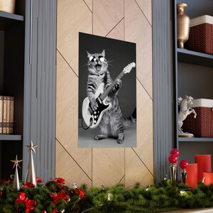 Rocking Cat Playing Electric Guitar Matte Vertical Poster Black and ...