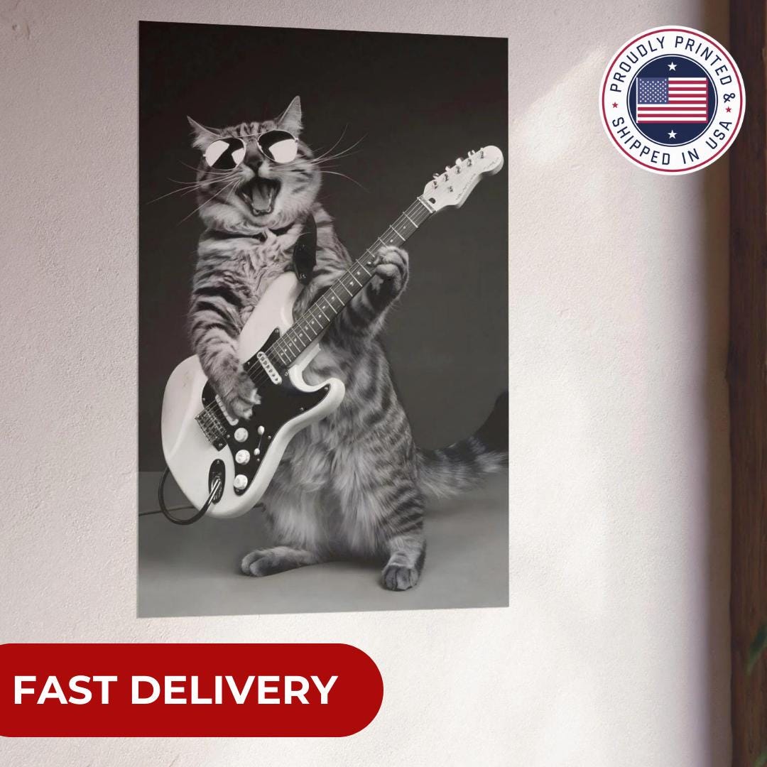 Rocking Cat Playing Electric Guitar Matte Vertical Poster Black and ...