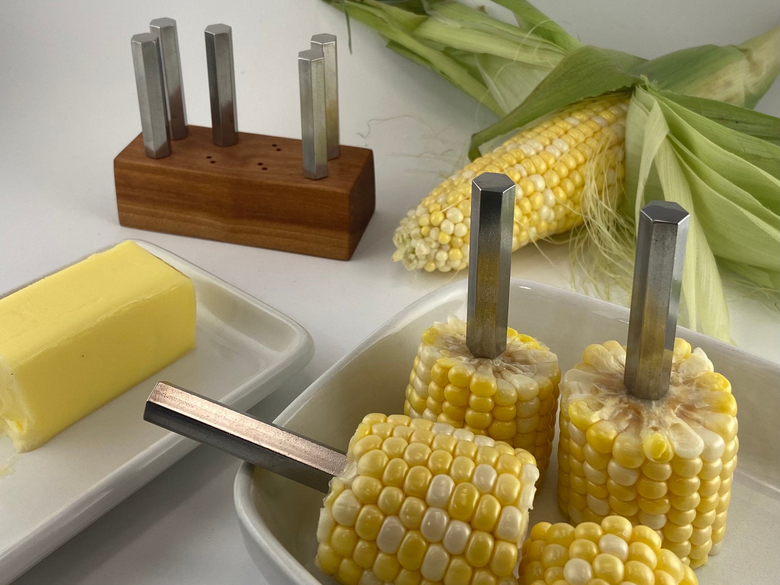 Corn on the Cob Holder With Cherry Wood Base Corn Holder BBQ Corn Pick ...