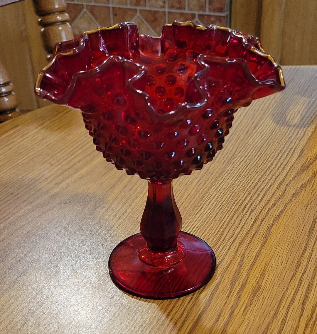 Vintage Fenton Ruby Hobnail Ruffle Gold Rim Footed Compote - Etsy