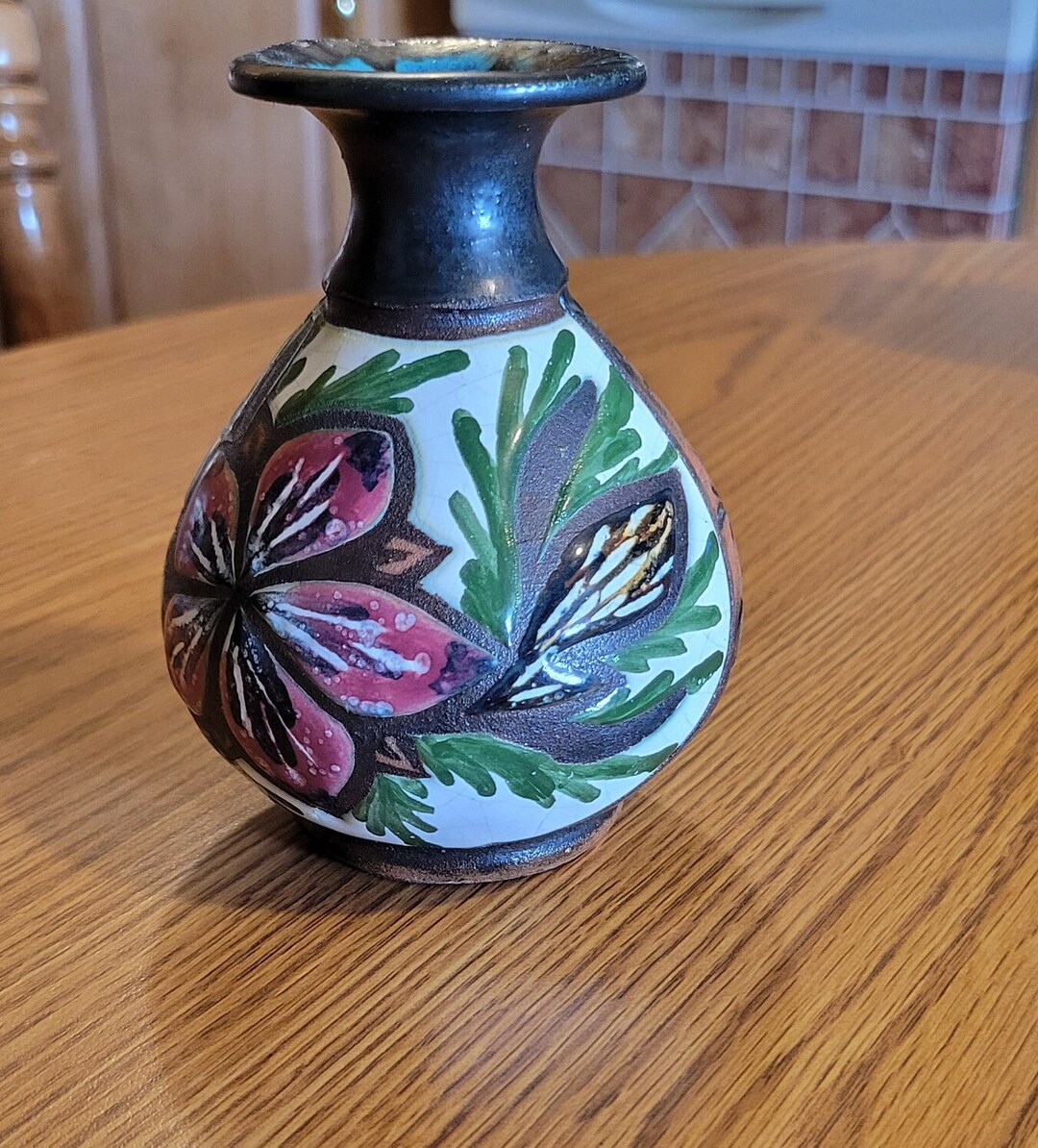 Vintage Redware Pottery Vase With Some Enameling - Etsy