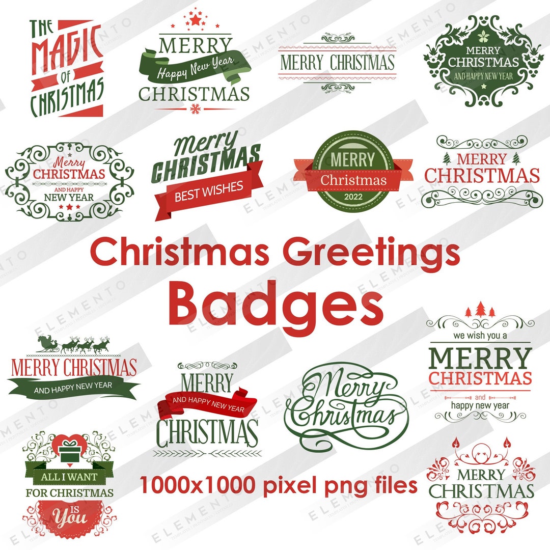 14 Christmas Greeting Badges, Christmas and New Year Greetings, Digital ...