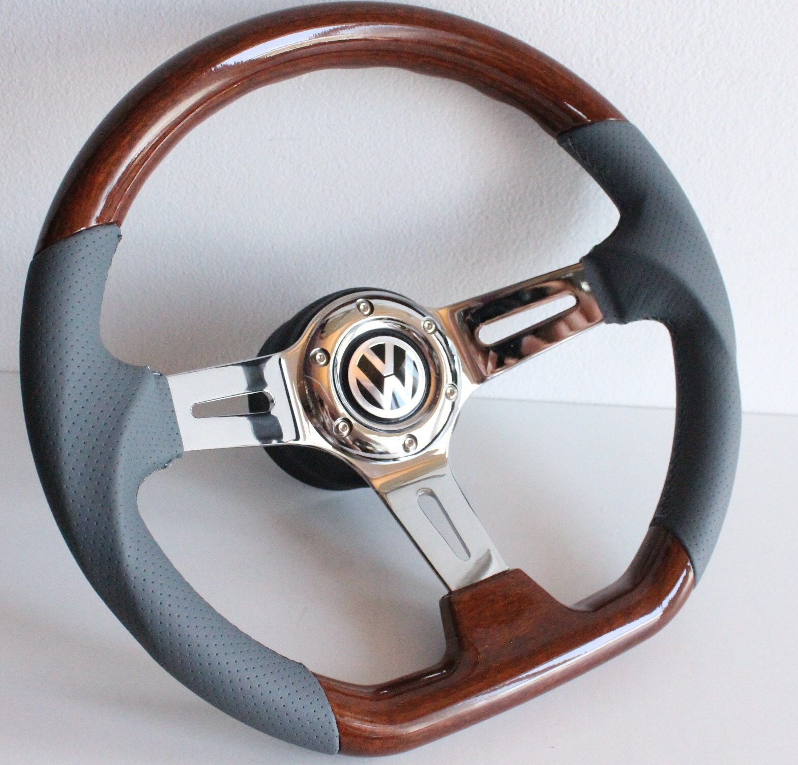 Steering Wheel Fits for VW Used Custom Rebuld Wood Grey Leather 350mm ...