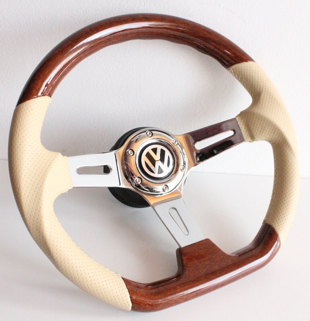Steering Wheel Fits for VW Used Custom Rebuld Wood Beige Leather 350mm ...