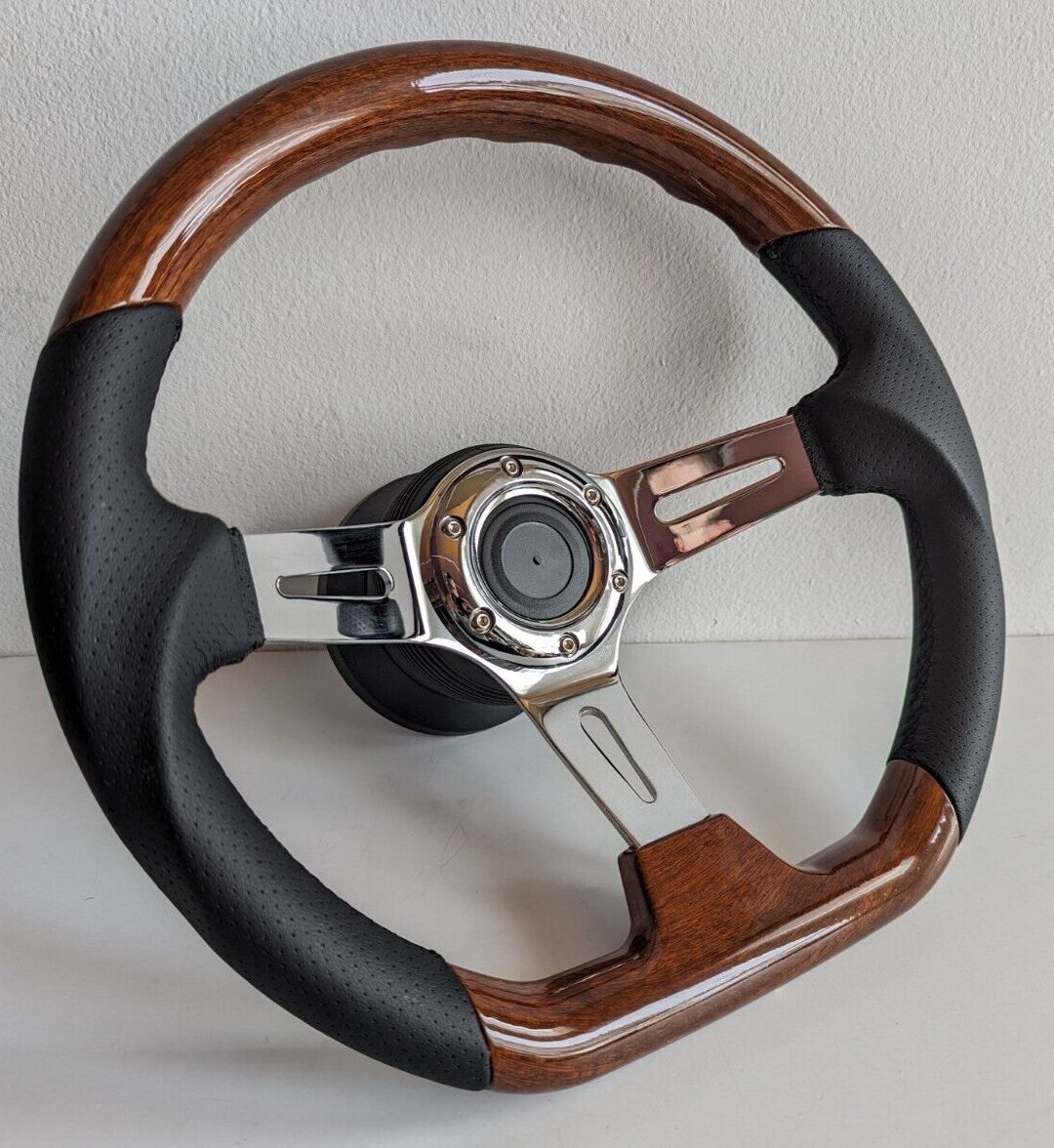 Steering Wheel Used Flat Bottom Ergonomic Wood Chrome Black Leather ...