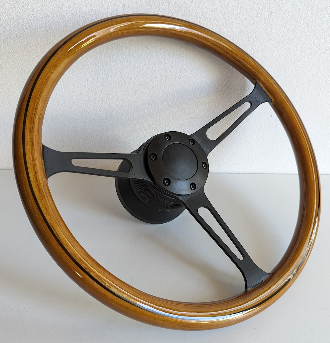 Steering Wheel Used Custom Rebuld Wood Black Spokes 380mm Vintage Hand ...