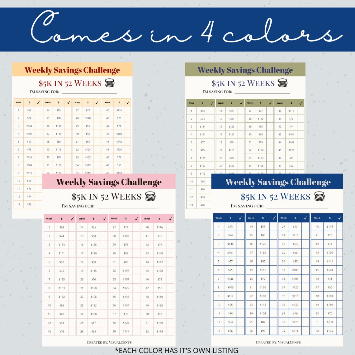 Printable 5k Weekly Savings Template - Blue | 5k Savings 52 Weeks ...