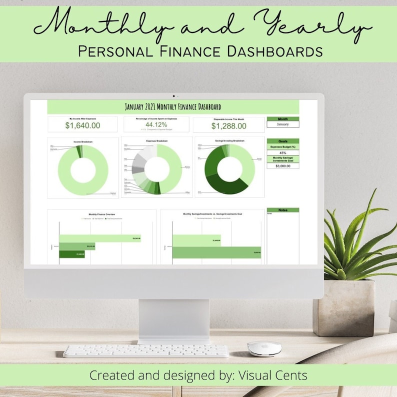 Personal Finance Monthly and Yearly Dashboards - Green | Money Tracker ...