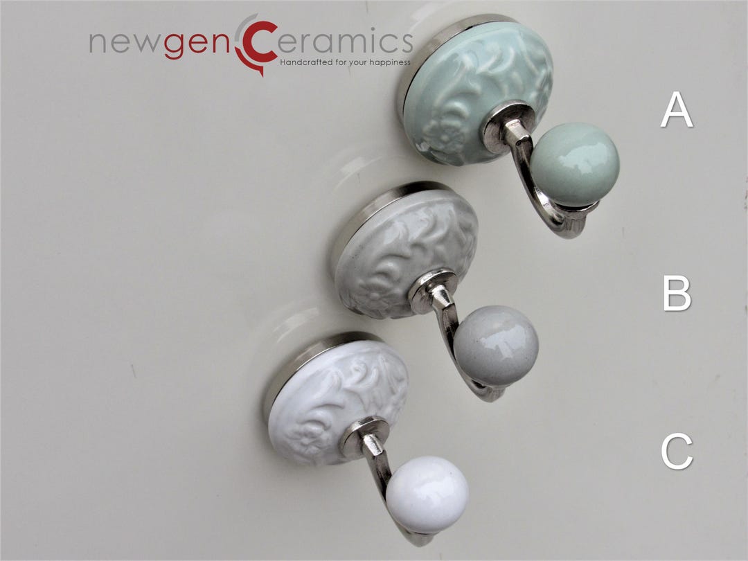 Teal Gray White Embossed Ceramic Wall Hooks/handmade Ceramic Hook ...