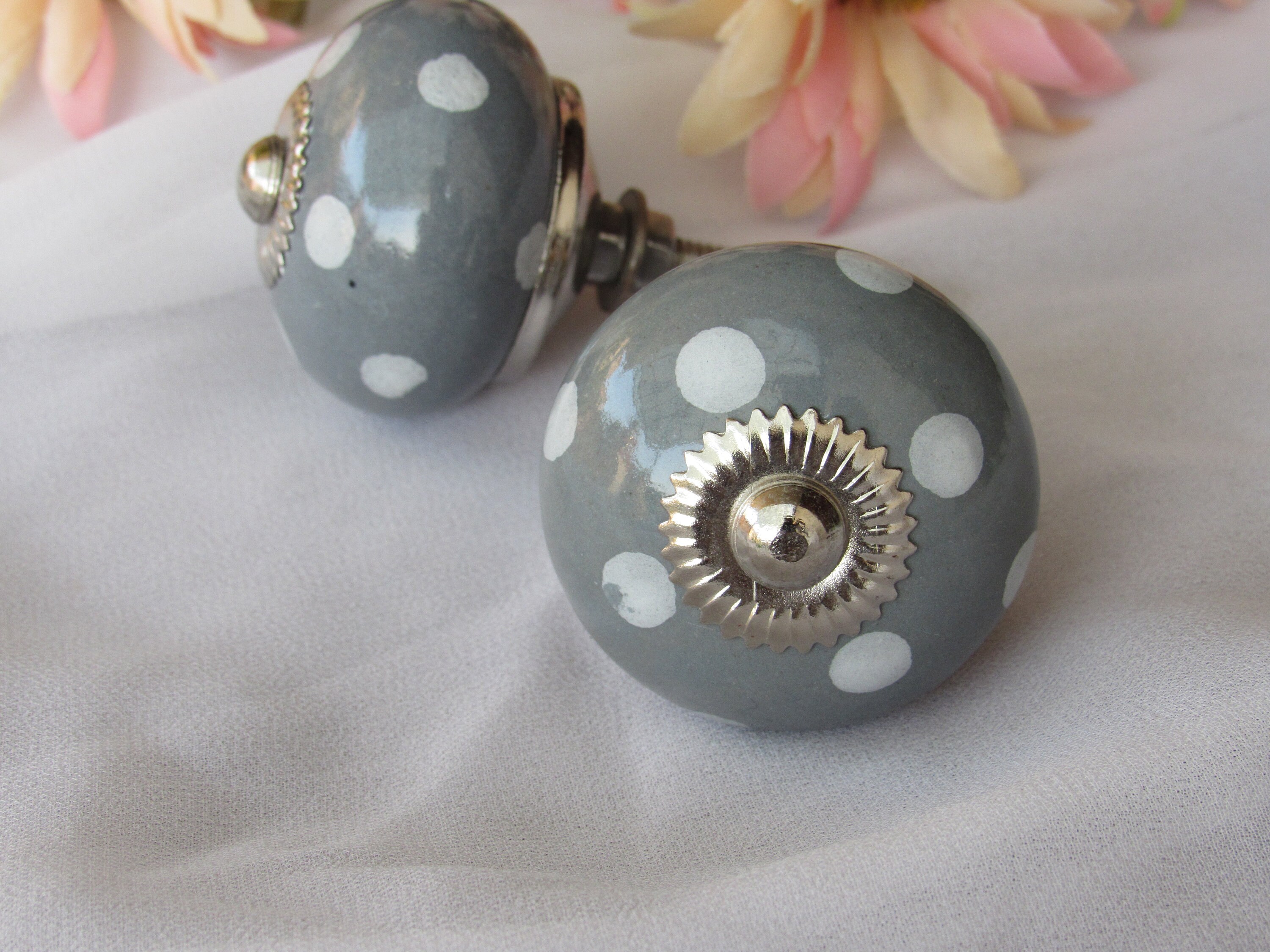 Handmade Ceramic Round Grey Polka Dot Drawer Knobs, Porcelain Chemical Glazed Knobs, Ceramic ...