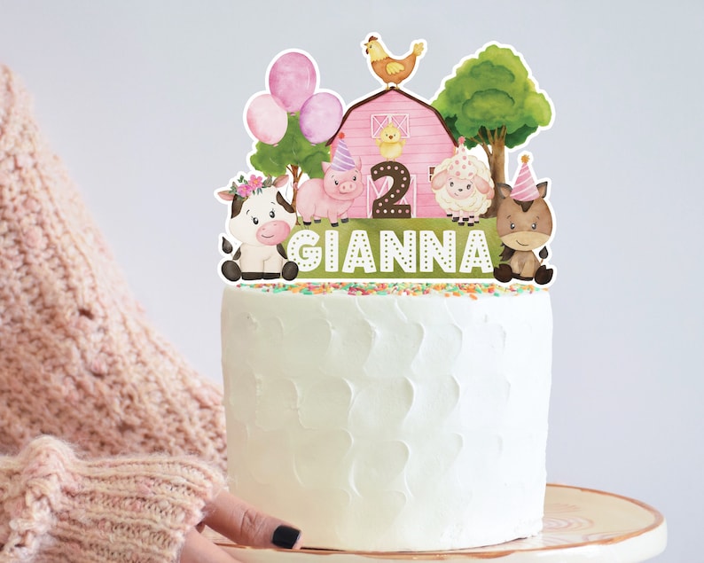 PERSONALIZED Pink Barnyard Cake Topper - DIGITAL FILE - Pink Farm Barn ...