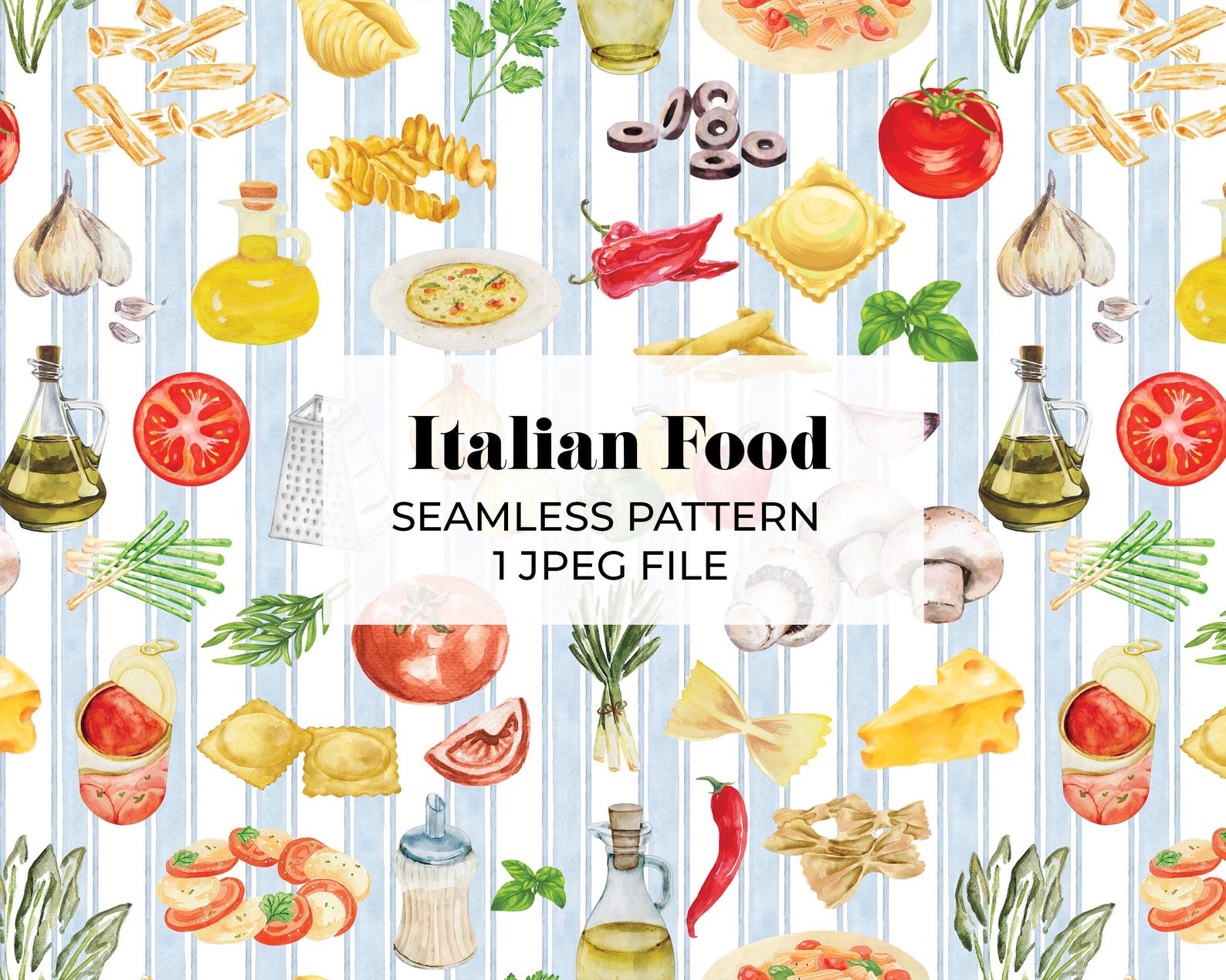 Watercolor Italian Food Seamless Pattern – Pasta & Ingredients (digital ...
