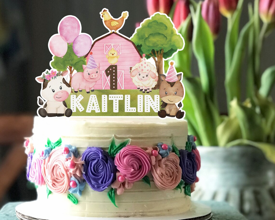 PERSONALIZED Pink Barnyard Cake Topper - DIGITAL FILE - Pink Farm Barn ...
