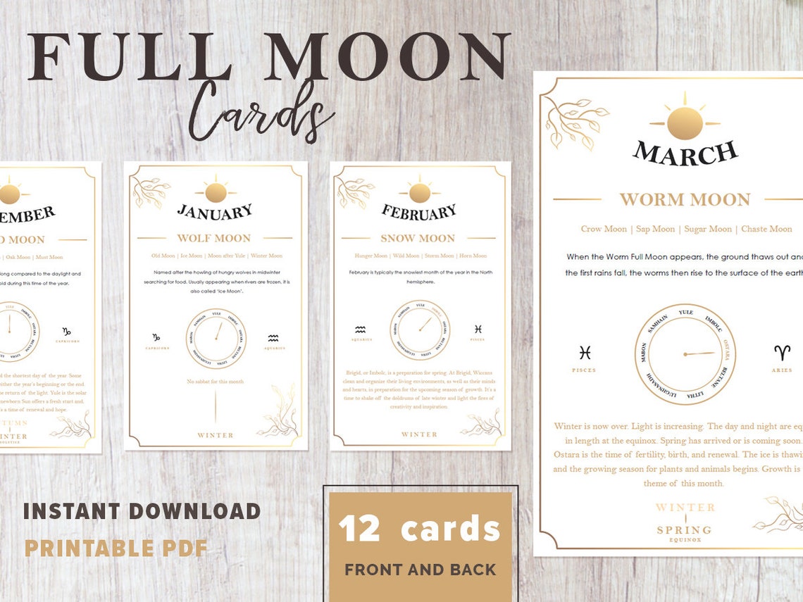 Full Moon Cards 12 Months Printable Cards Wiccan Wheel of | Etsy