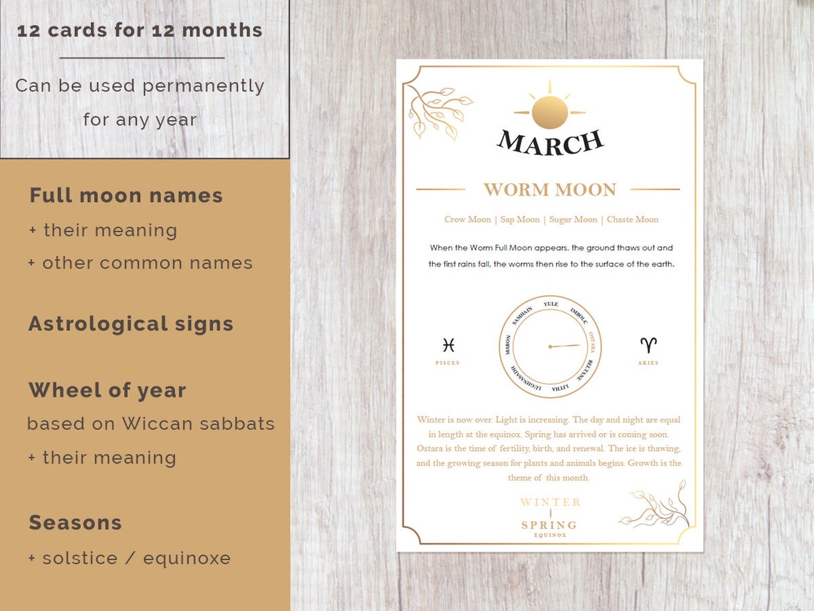 Full Moon Cards, 12 Months Printable Cards, Wiccan Wheel of Year ...