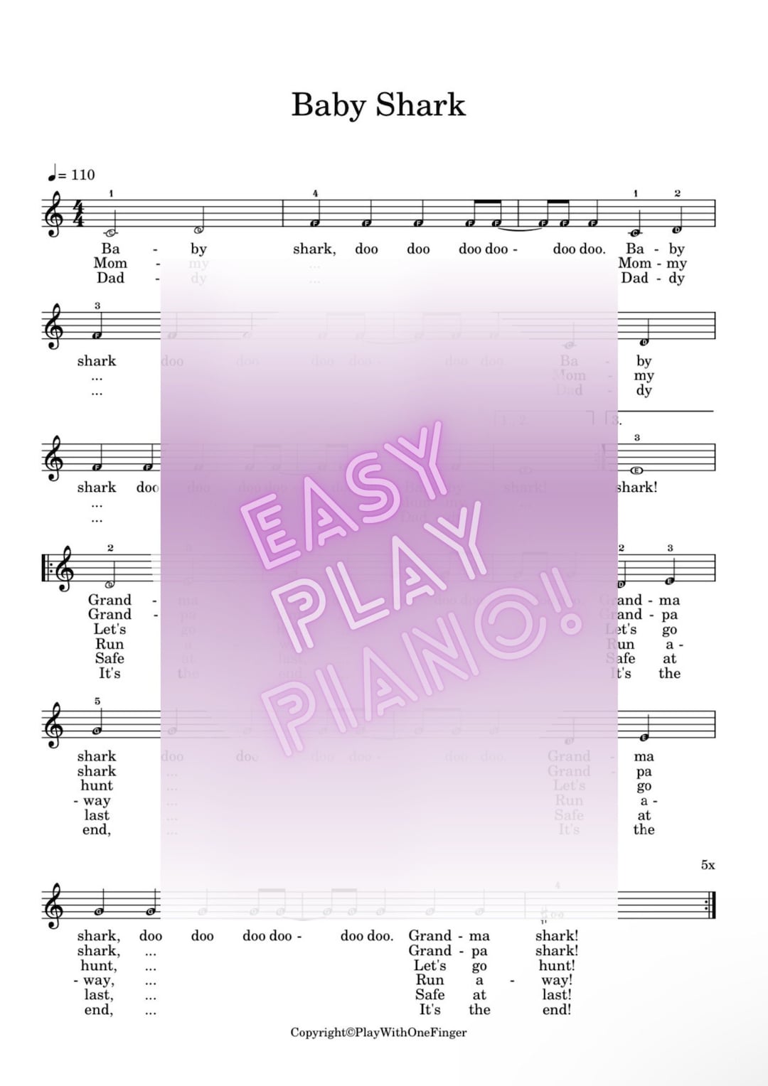 Baby Shark Sheet Music Easy Piano - Etsy Australia