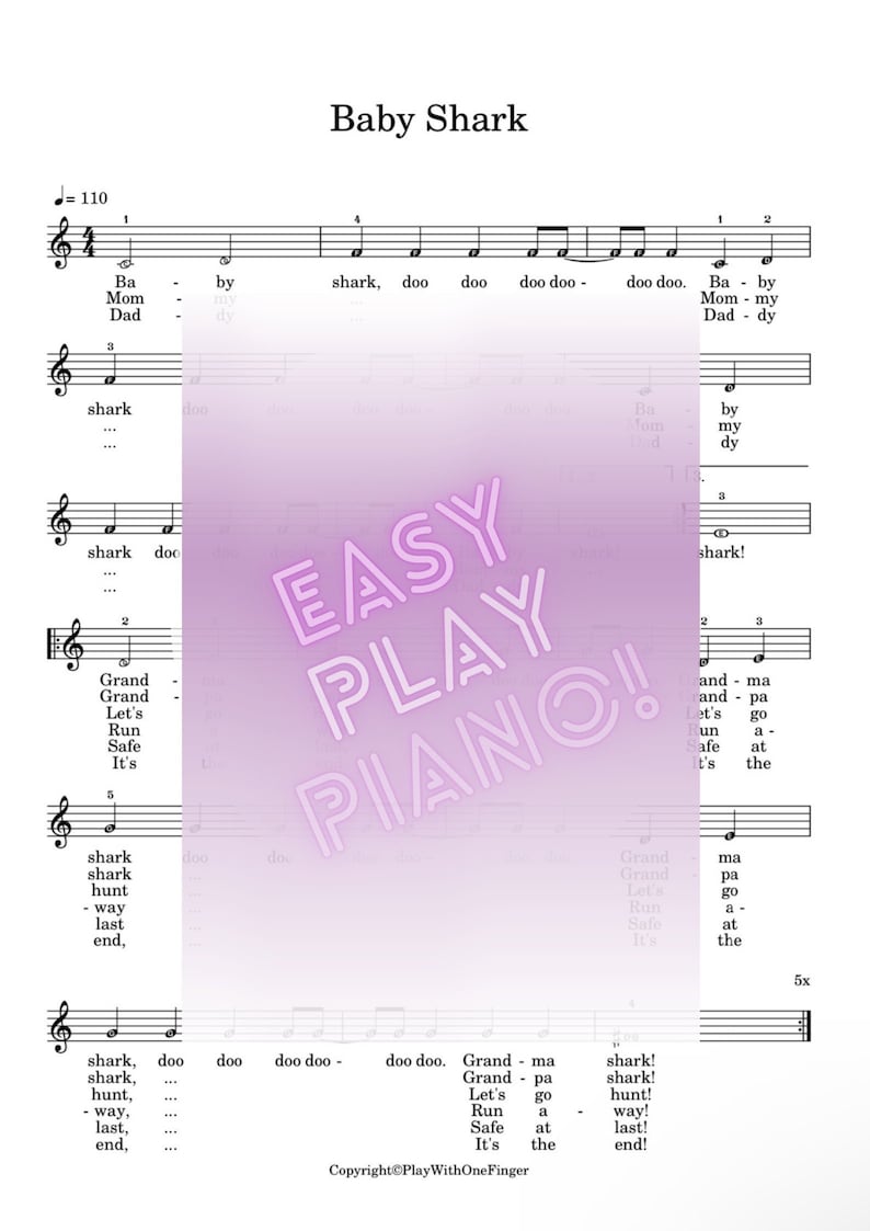 Baby Shark Sheet Music Easy Piano - Etsy