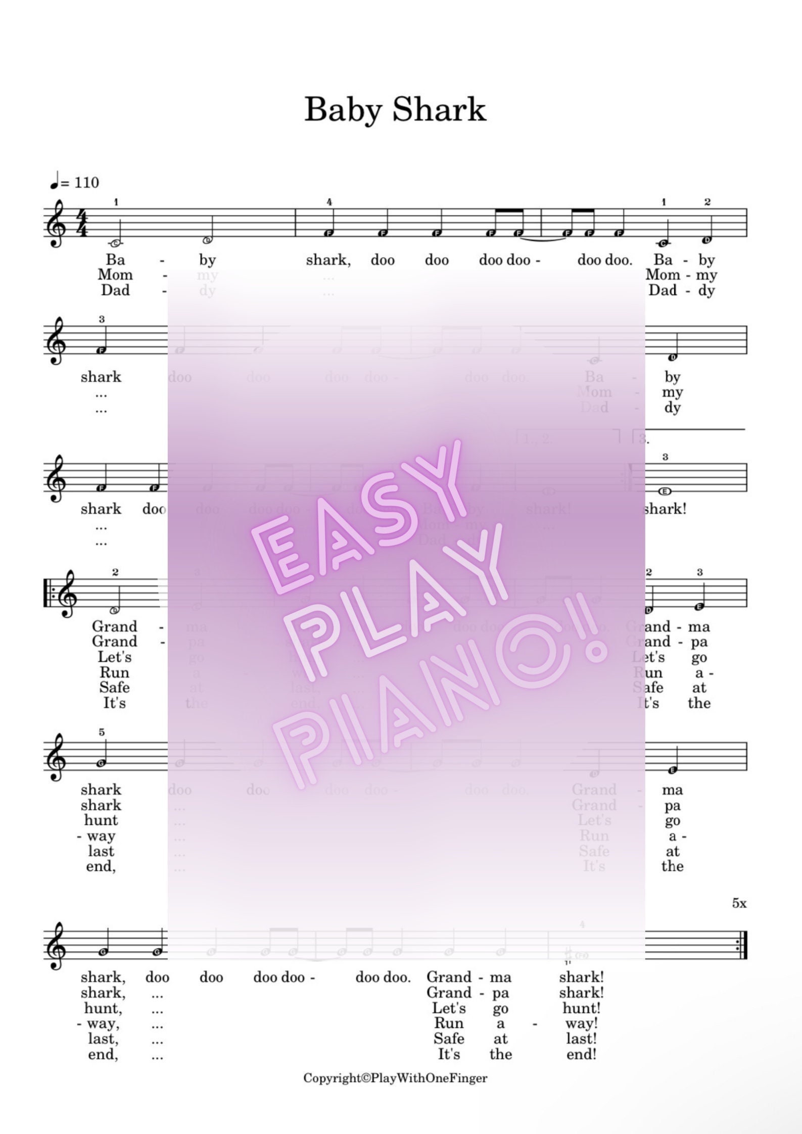 Baby Shark Sheet Music Easy Piano - Etsy