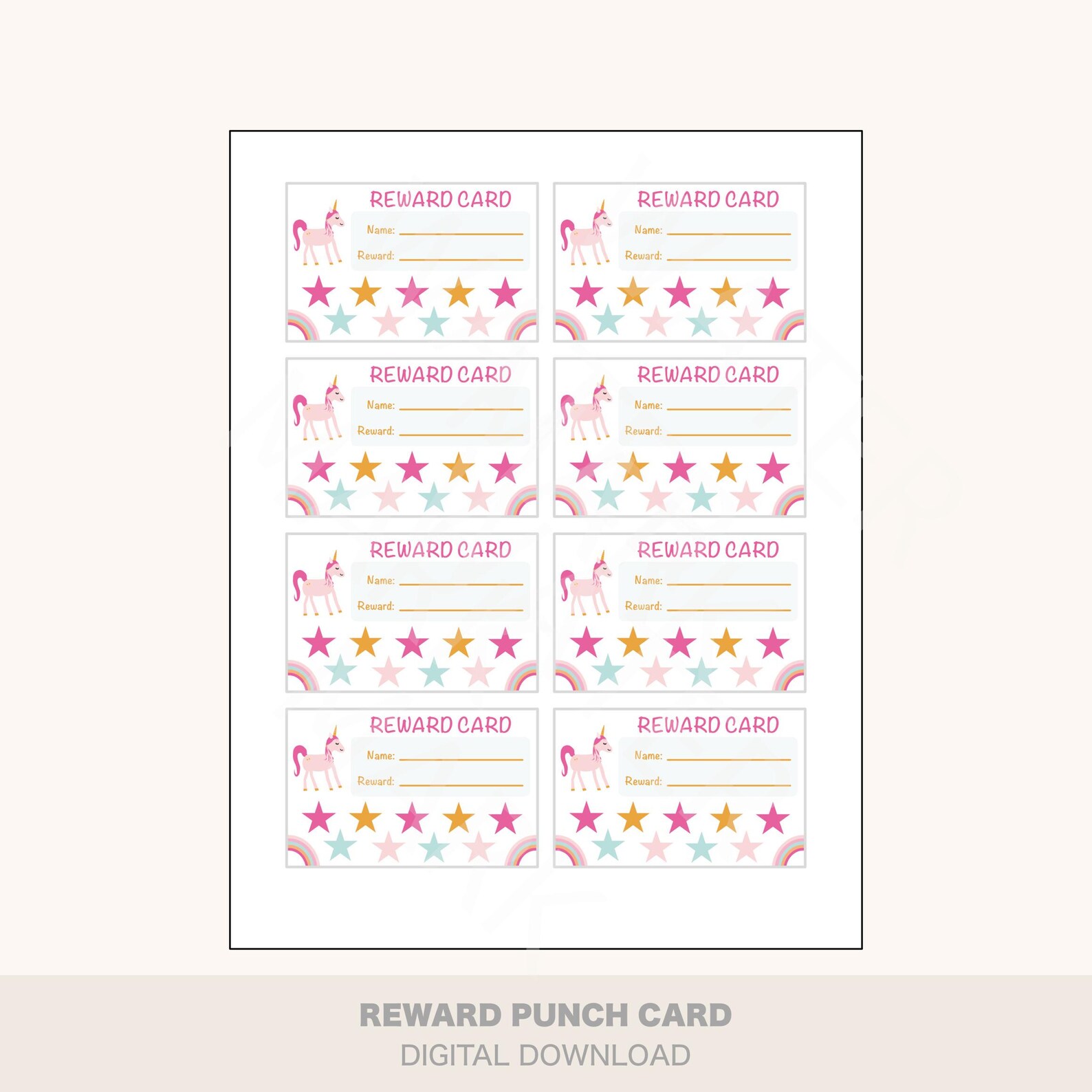 Girl Reward Punch Card Unicorn Rainbow Reward Punch Card Kids Chore ...