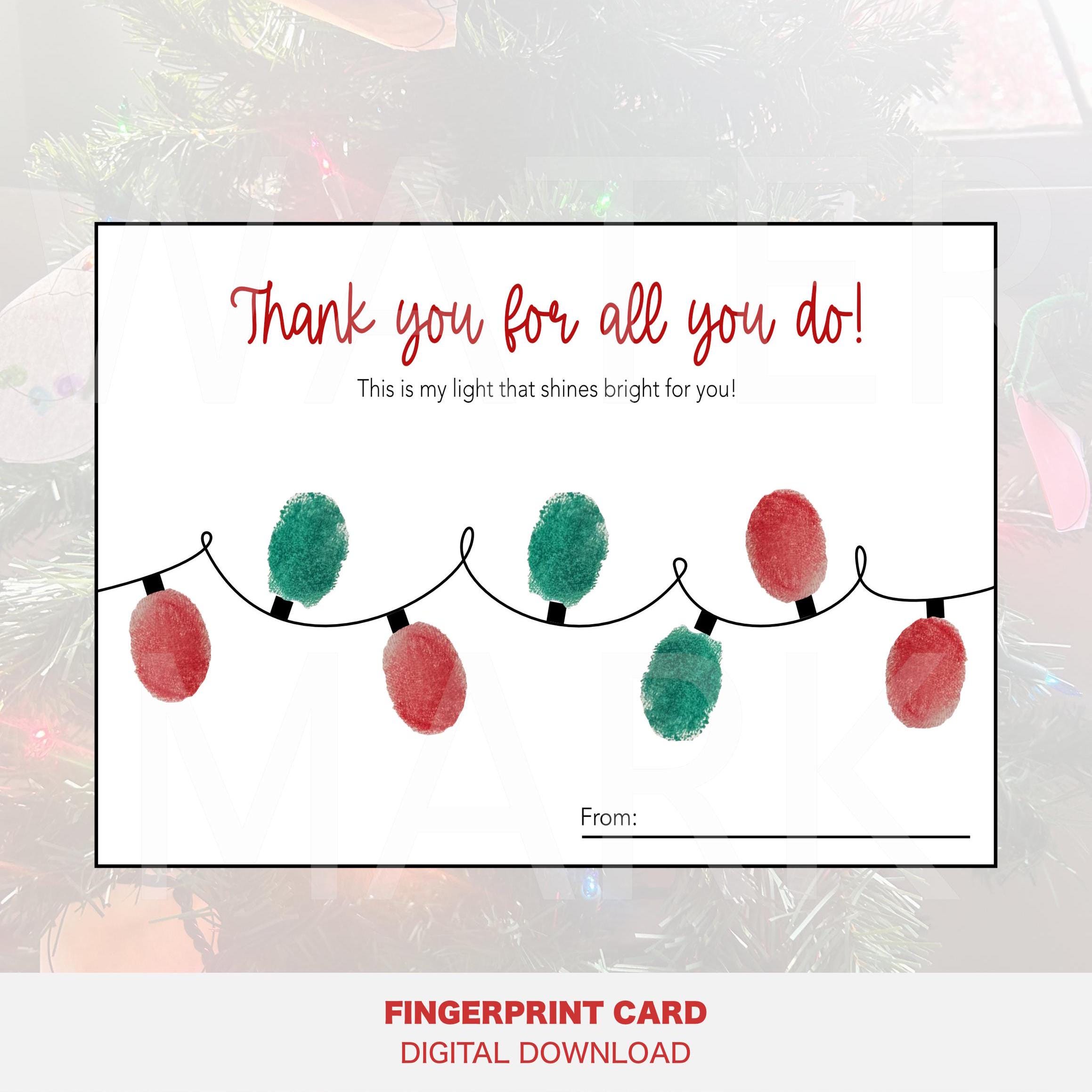 Thank You Card Christmas Printable - Kids Fingerprint Holiday Teacher ...