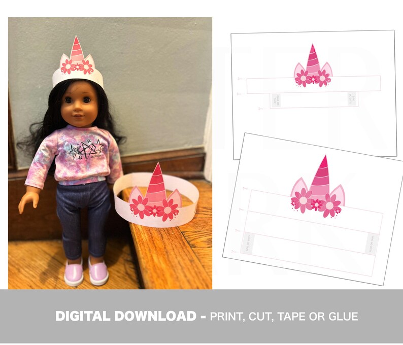 Unicorn Crown Matching Doll Printable - Paper Unicorn Hats Party Decor ...