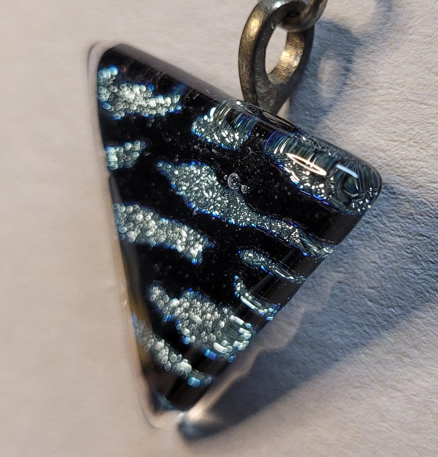 Fused Glass Triangle Pendant in Silver Dichroic Animal Pattern, on ...