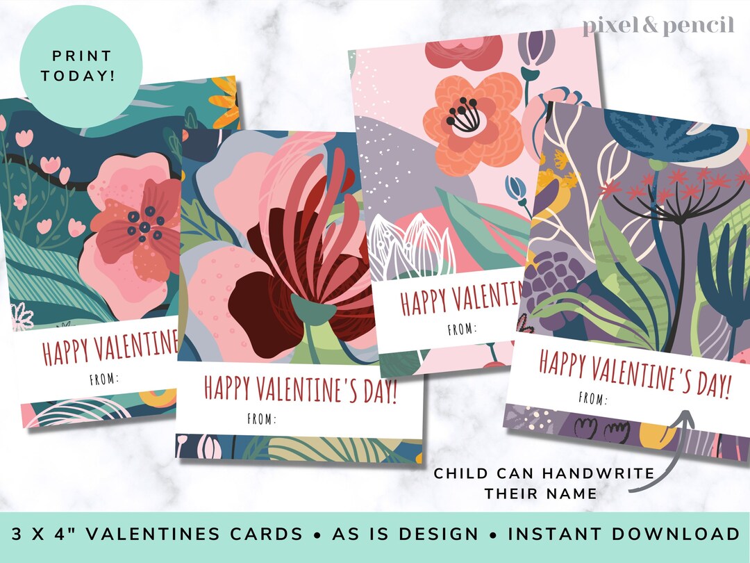 Valentine's Day Cards for Kids Printable, DIY Vday Card, Floral ...
