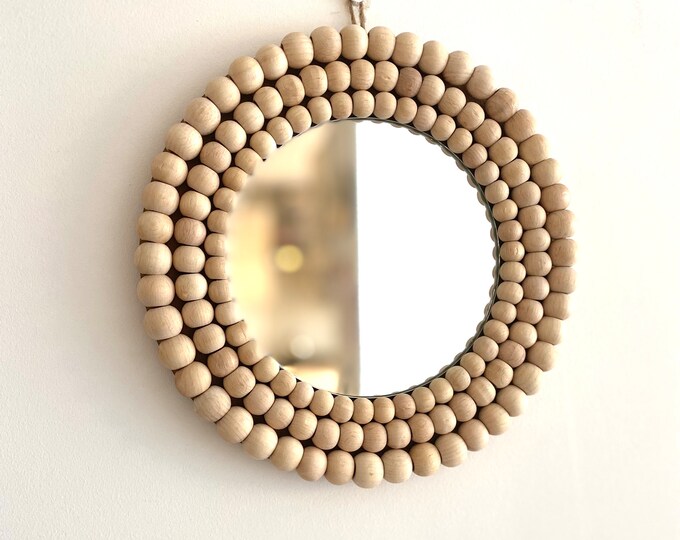 Wooden Beaded Round Mirror Decor, Woven Wall Hanging, Bohemian Wall ...