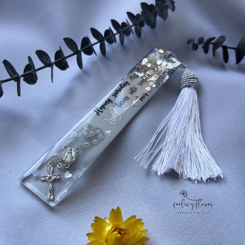 White and Silver Bookmarker With Rosary, Religious Bookmark ...