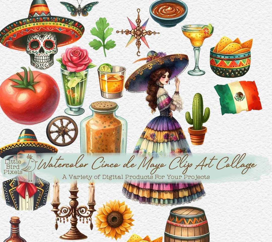 Cinco De Mayo Watercolor Collage Sheet | Printable Chic Clip Art for ...