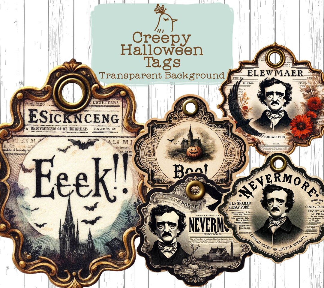 Creepy Halloween Tags: Spooky Pumpkin, Poe, Ghost House (digital ...