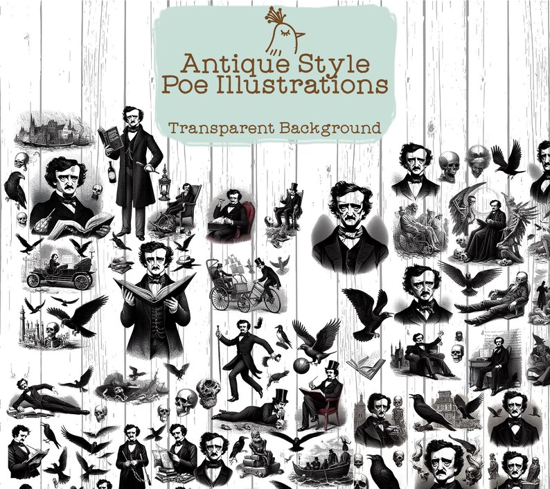 Edgar Allan Poe Gothic Clip Art Set: Raven, Skeleton Illustrations ...