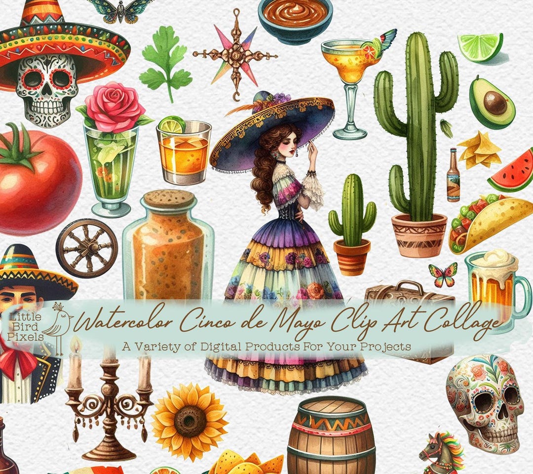 Cinco De Mayo Watercolor Collage Sheet | Printable Chic Clip Art for ...