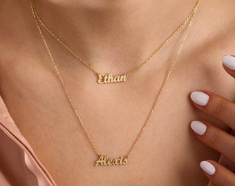 Double Layer Name Necklace Personalized Layered Necklace with Thin Double Chain 1 Link Children Name Necklace Couples Gift