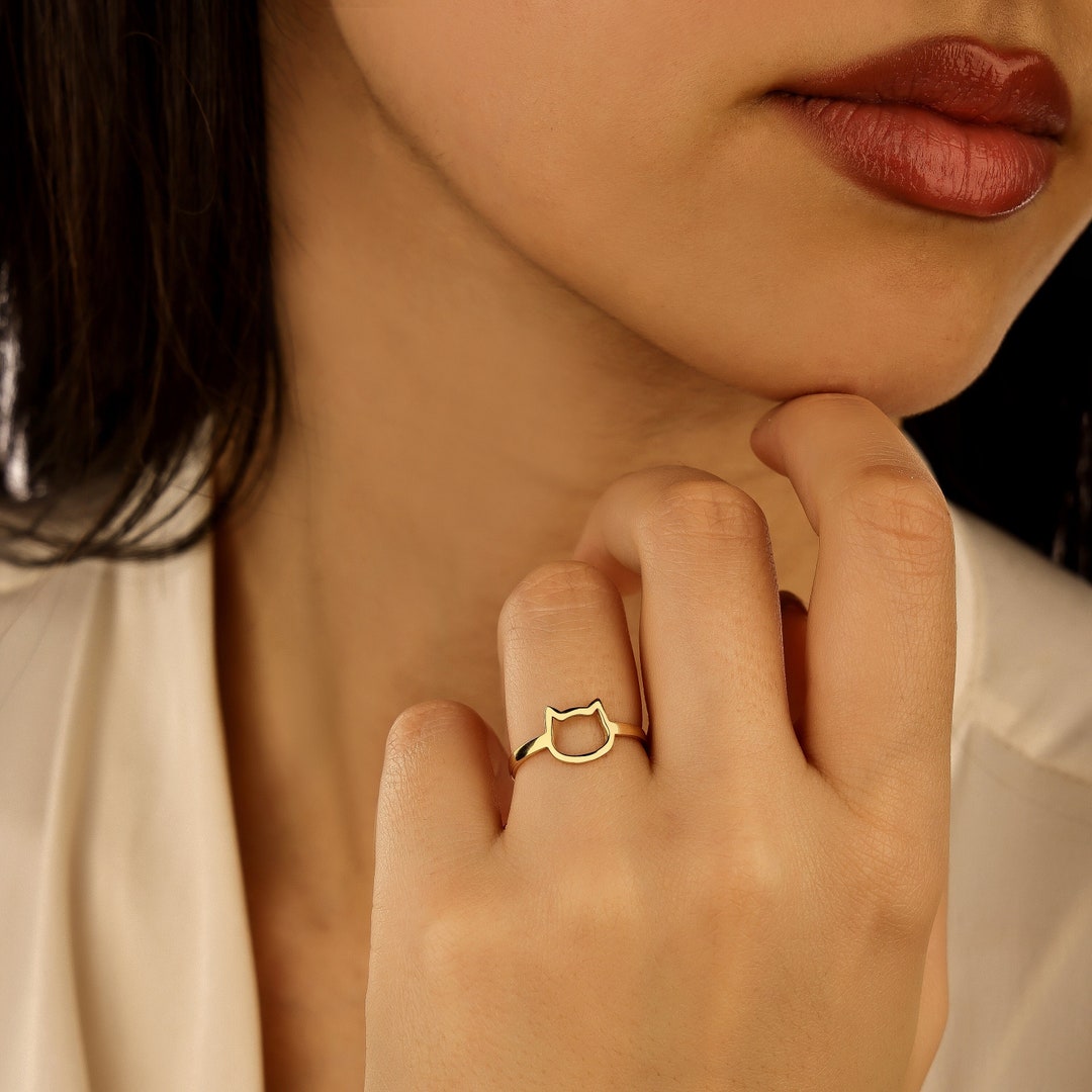 18k Gold Pet Ring, Sterling Silver Cat Head Ring ,pet Jewelry, Dainty ...