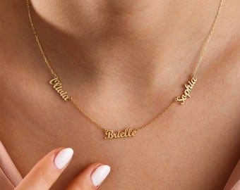 14K Solid Gold Three Name Necklace 3 Name Necklace Kids Name Necklace Family Name Necklace Personalized Gift for Mom Solid Gold Jewelry Etsy