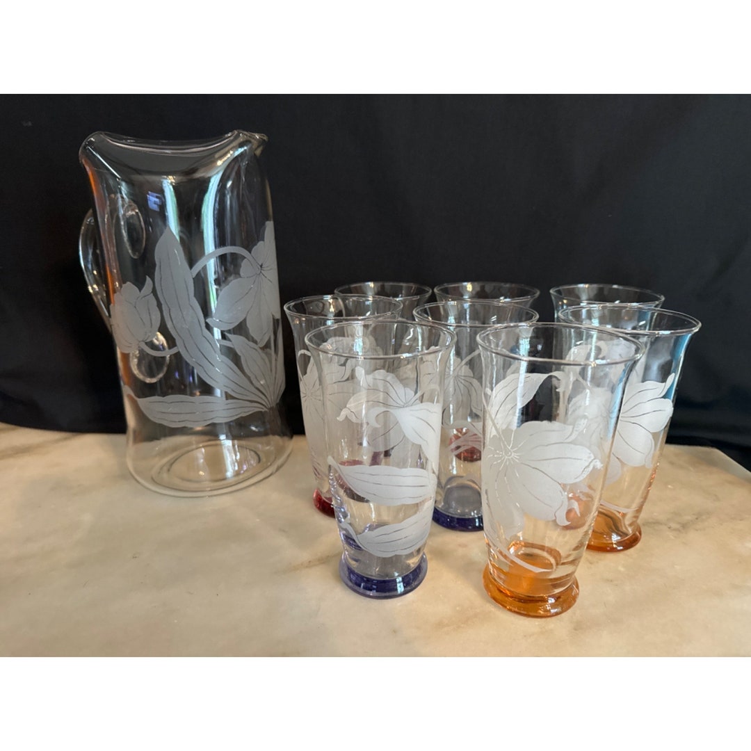 Vintage Pyrex/ Corning Tropical Flower Etched Glass Pitcher 8 Glasses ...