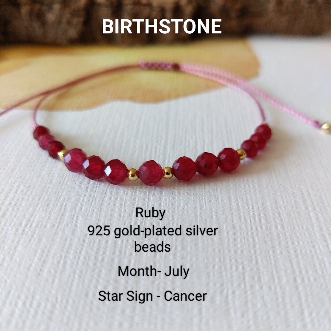 Birthstone Ruby July Bracelet Talisman Ruby Red Gemstone 925 Gold Plated Beads Protective ...