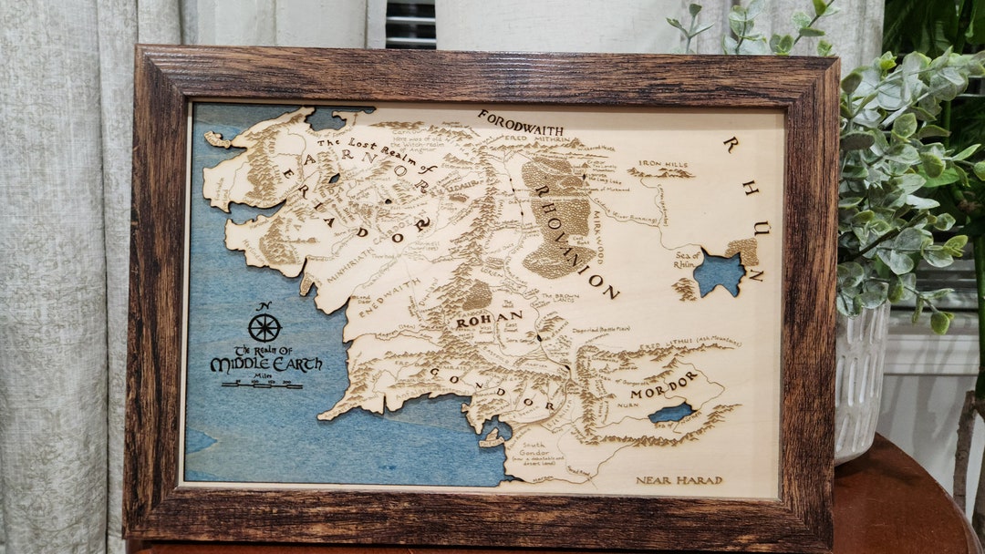 3D Wood Engraved Map of Middle Earth. Lotr Map. Lord of the Rings Map ...