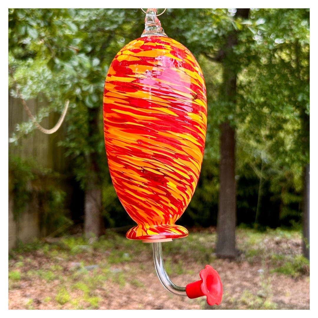 Handblown Glass Hummingbird Feeder: Fire Mix Swirl Garden Art | High ...