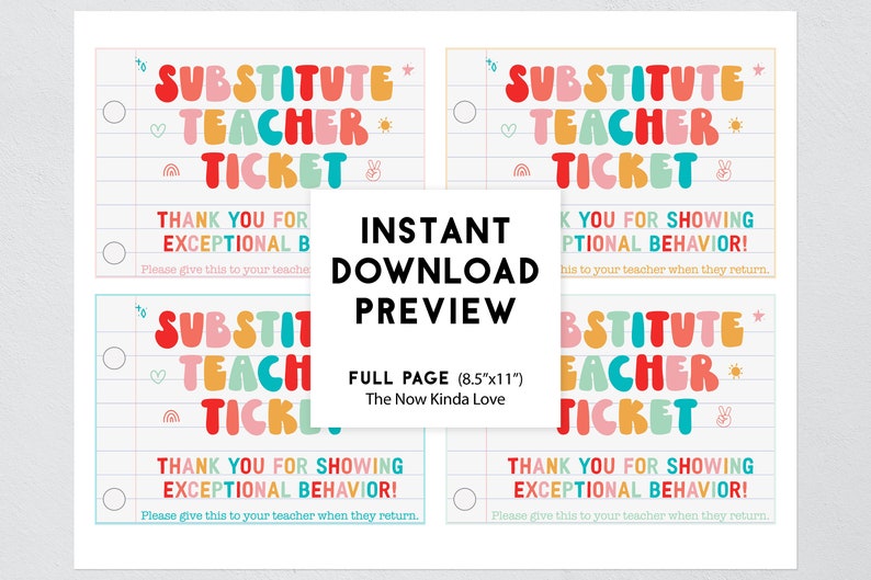 Substitute Teacher Ticket: Positive Classroom Note (PDF) - Etsy