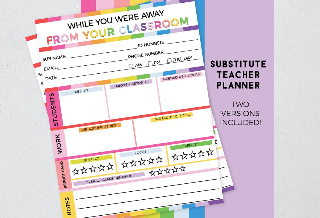 Substitute Teacher Notes: Rainbow Classroom Printables (PDF) - Etsy