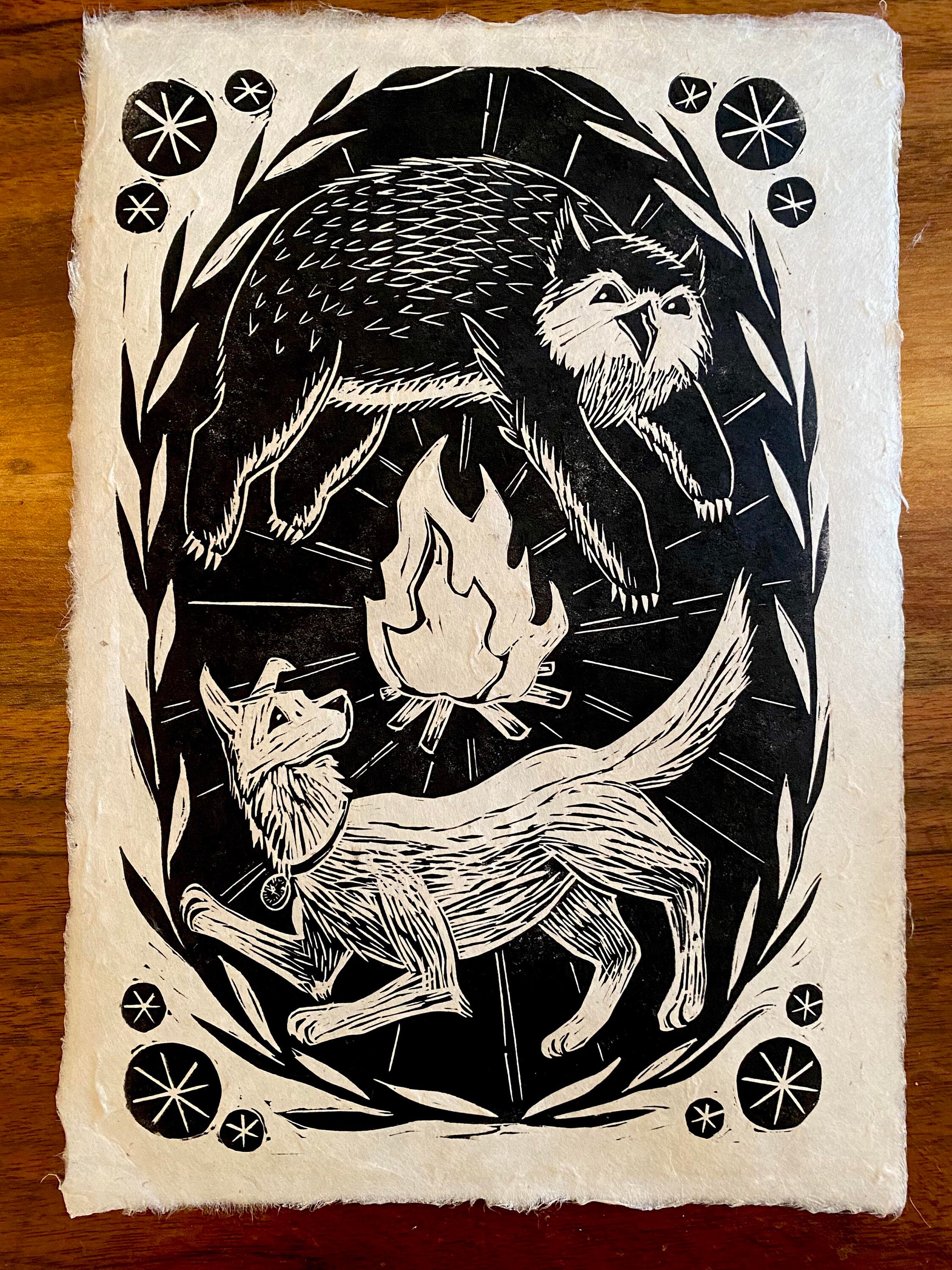 Scratch and Owlbear Cub - Original Linocut Print Inspired by Baldur's ...