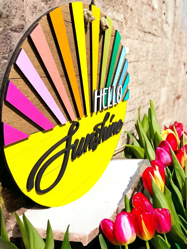 Hello Sunshine Retro Rays Door Sign - Etsy