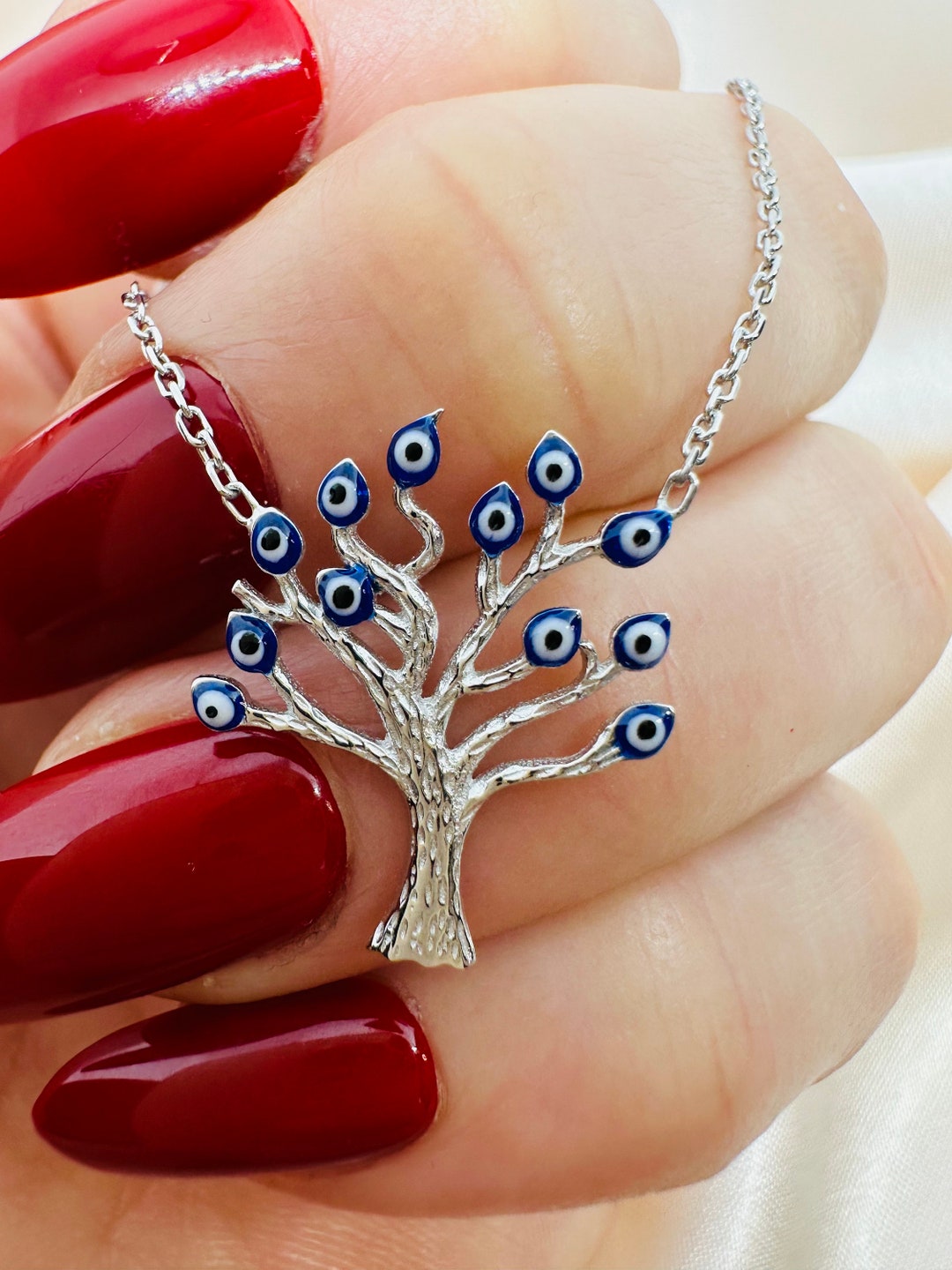 Life of Tree Evil Eye Silver Necklace - 925 Sterling Silver- Dainty ...