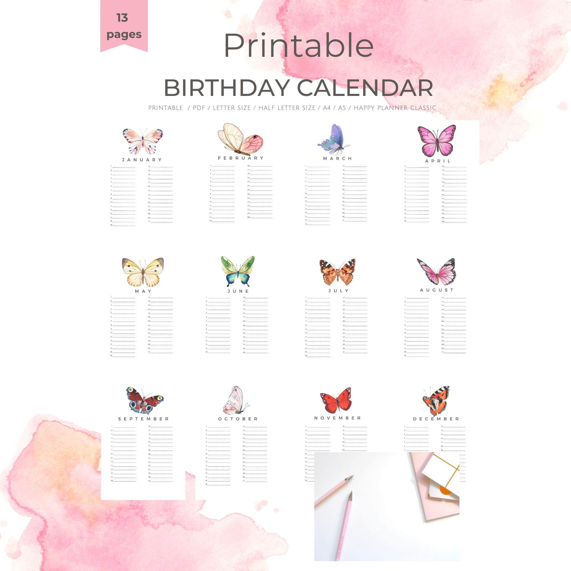 Butterfly Birthday Calendar, Eternity Birthday Calendar, Mothersday - Etsy
