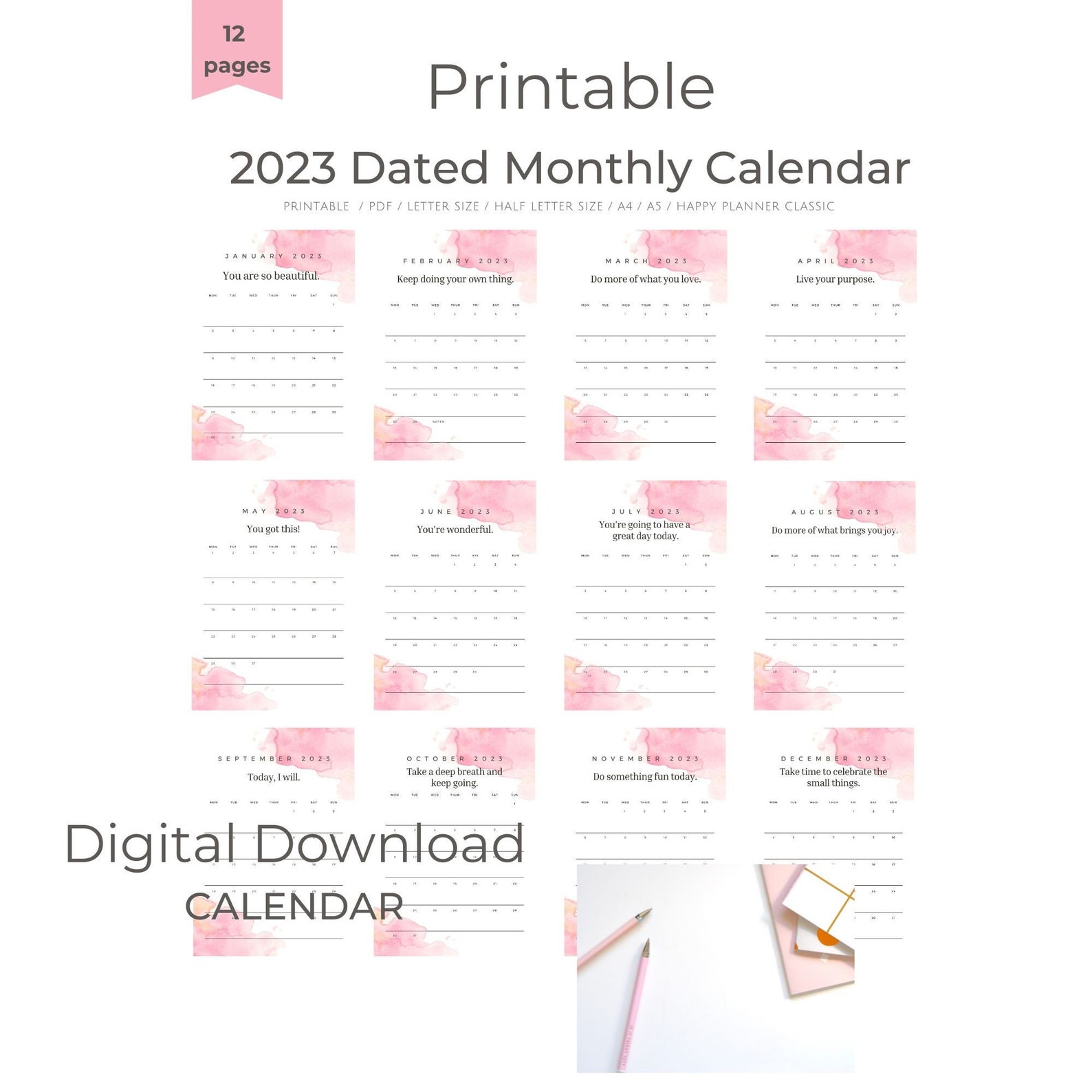2023 Calendar Monthly 2023 Calendar Pink 2023 Calender - Etsy