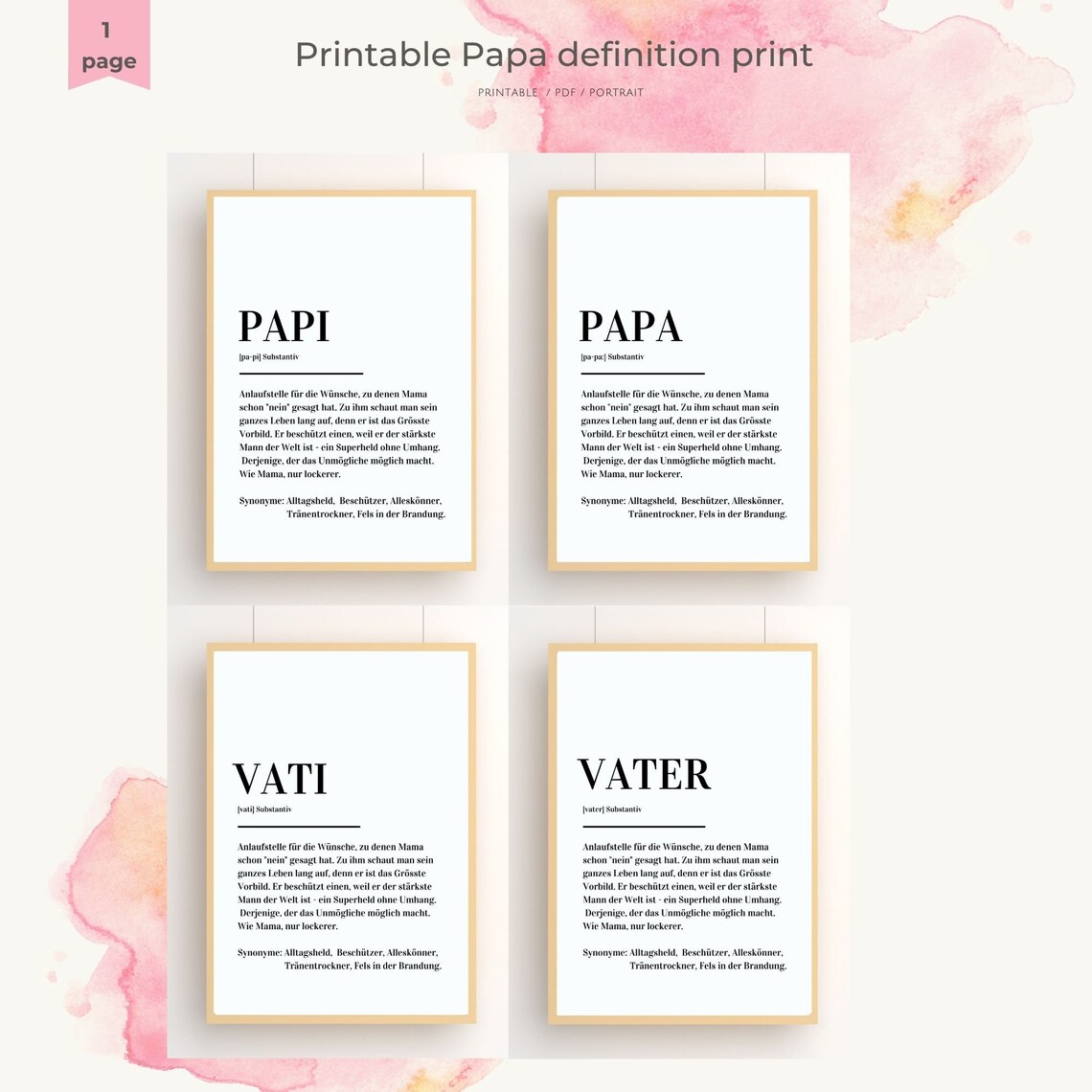 Papi Papa Vati Vater Definition Print Poster, DE Version 3 - Etsy